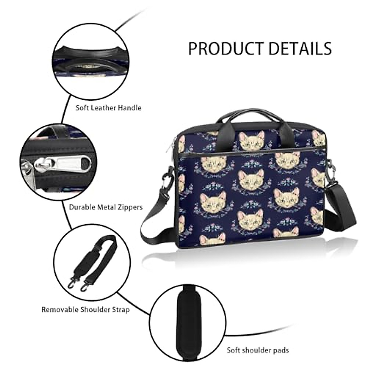 Floral Cats Laptop Computer Bag Waterproof Shoulder Messenger Bag 13-15 inch Durable Laptop Tote Bag with Shoulder Strap Handle Lightweight Crossbody Briefcase