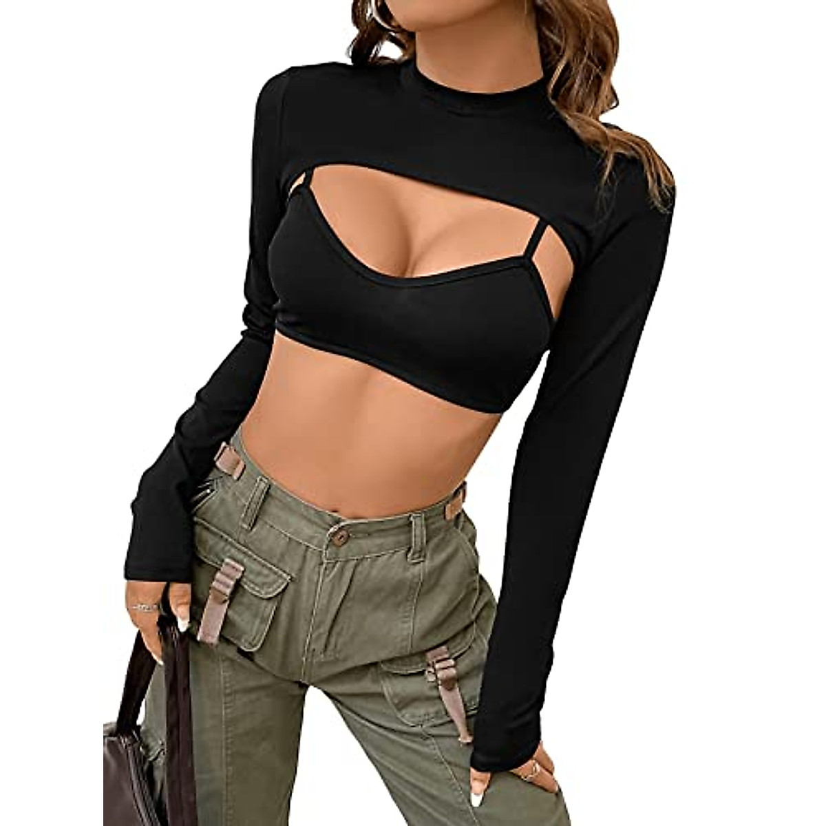 Verdusa Women's 2Pcs Mock Neck Long Sleeve Crop Top Spaghetti Straps Scoop Neck Sleeveless Cami Top Black L