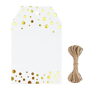 G2PLUS Foil Gold Dots Gift Tags,50Pcs White Paper HangTags with String,Metallic Gold Dots Present Tags Personalized Blank Labels for Wedding,Gift Wrapping,Birthday,Party Favors（3.34"×2.16"