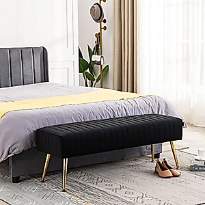 Furnimart 44 Inch Velvet Bench Ottoman Comfortable Footrest Stool Table Bench Dining Bench Tufting Bench Indoor Bench with Gold Legs for Living Room Bedroom Entryway (Velvet-Black)