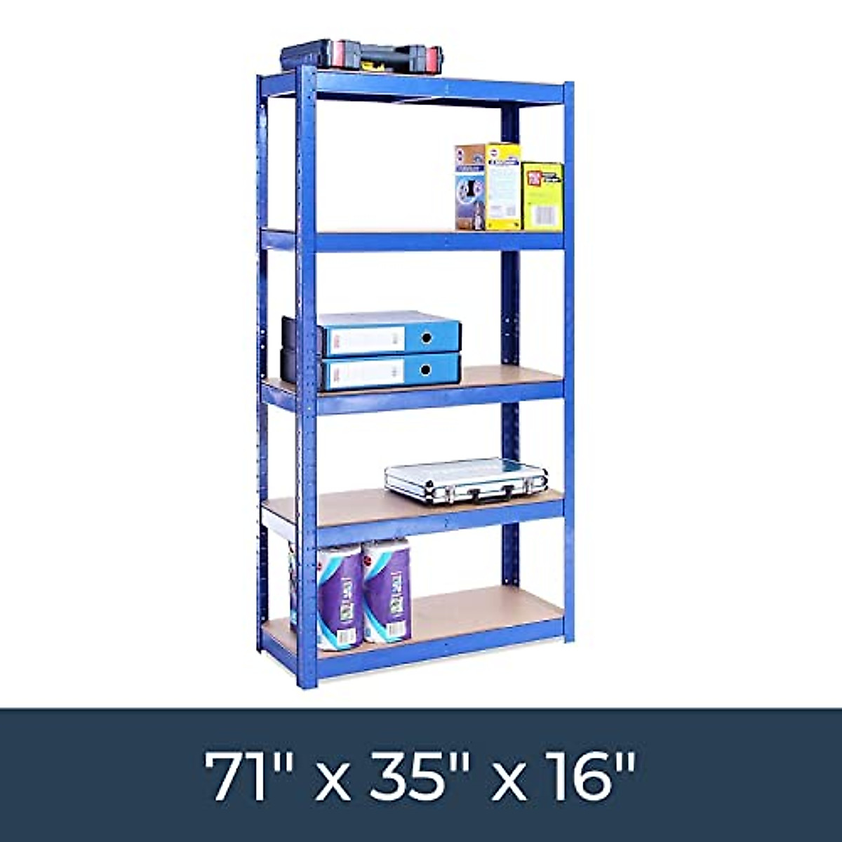 Garage Shelving Units - 71" H x 35" L x 16" W - Heavy Duty Racking - Shelves for Storage -1 Bay - Blue - 5 Tier - 2000LB Capacity (400LB Per Shelf) - Workshop, Shed, Office - 5 Year Warranty