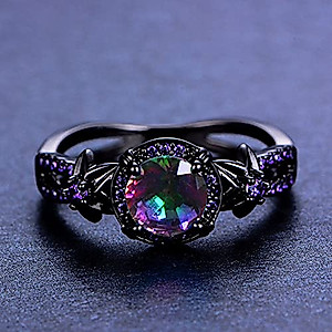 Tsnamer Gothic Black Rings for Women, Mystic Rainbow Topaz with Created Amethyst Flower Goth Black Gold Wedding Engagement Ring Size 6 to 11