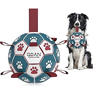 QDAN Dog Toys Soccer Ball, Interactive Dog Toys for Tug of War, Puppy Birthday Gifts,Dog Tug Toy, Dog Water Toy, Durable Dog Balls for Small & Medium Dogs-Blue&Red(6 inch)