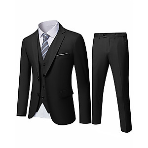 YND Men's Slim Fit 2 Button 3 Piece Suit Set, Blazer Jacket Vest Pants and Tie, Solid Wedding Dress Tux and Trousers Black