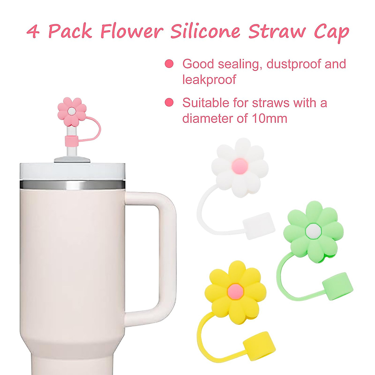 FadAcc 4Pcs Straw Cover for Stanley 30&40 Oz Tumbler, 0.4in Silicone Straw Covers Cap for Stanley Cup Accessories, Dust-Proof Drinking Straw Reusable Straw Tips Lids