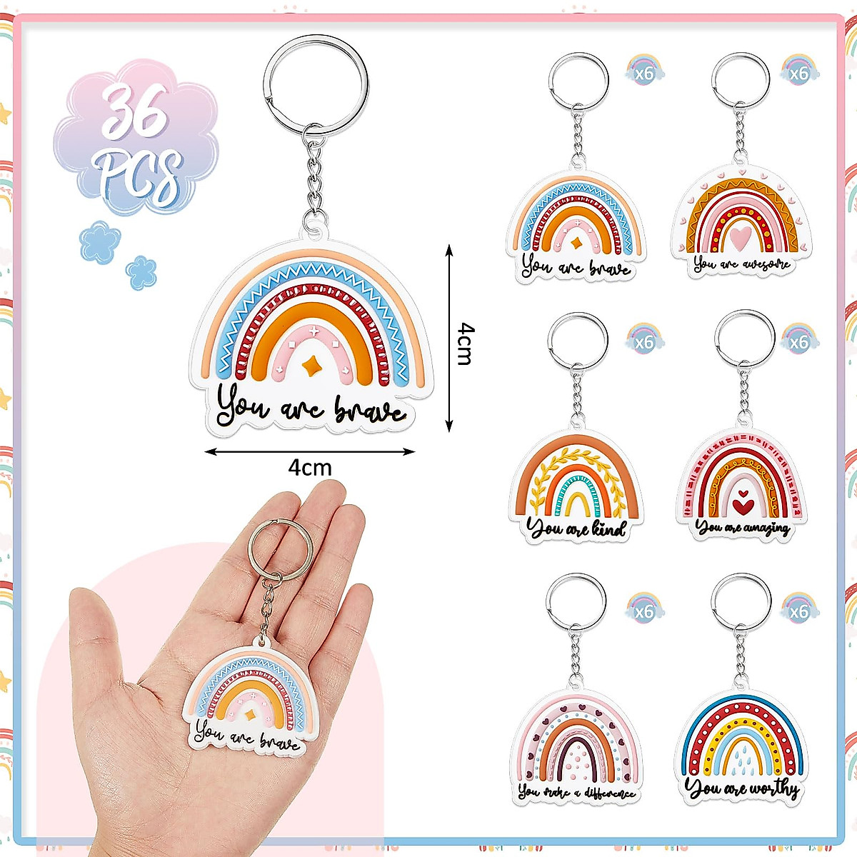 Ecally 36 Pcs Rainbow Inspirational Gift for Women Inspirational Keychain Motivational Quote Keychain CNA Gifts Employee Appreciation Gift