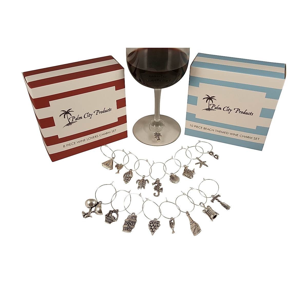 Palm City Products Bundle of Two Wine Charm Sets - 18 Pieces Total, Beach and Wine Themes