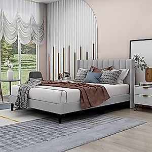 Zavoter Queen Upholstered Platform Bed Frame with Headboard, Mattress Foundation, Wood Slat Support, Quiet, no Box Spring Needed, Easy to Assemble Light Gray