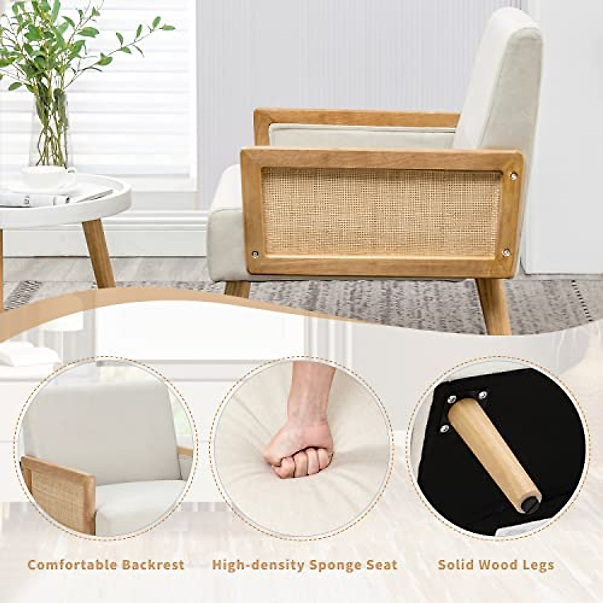 MELLCOM Beige Rattan Chair, Mid Century Modern Accent Chair, Upholstered Chairs with Bamboo Knitting and Solid Wood Legs, Comfy Linen Fabric Armchair for Club, Living Room, Bedroom,Beige-26.4''w