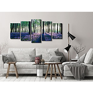 Pyradecor Early Morning Lavender Canvas Prints Wall Art Purple Floral Pictures Paintings for Bedroom Kitchen Bathroom Home Decor Modern 5 panels Stretched and Framed Flowers Landscape Giclee Artwork