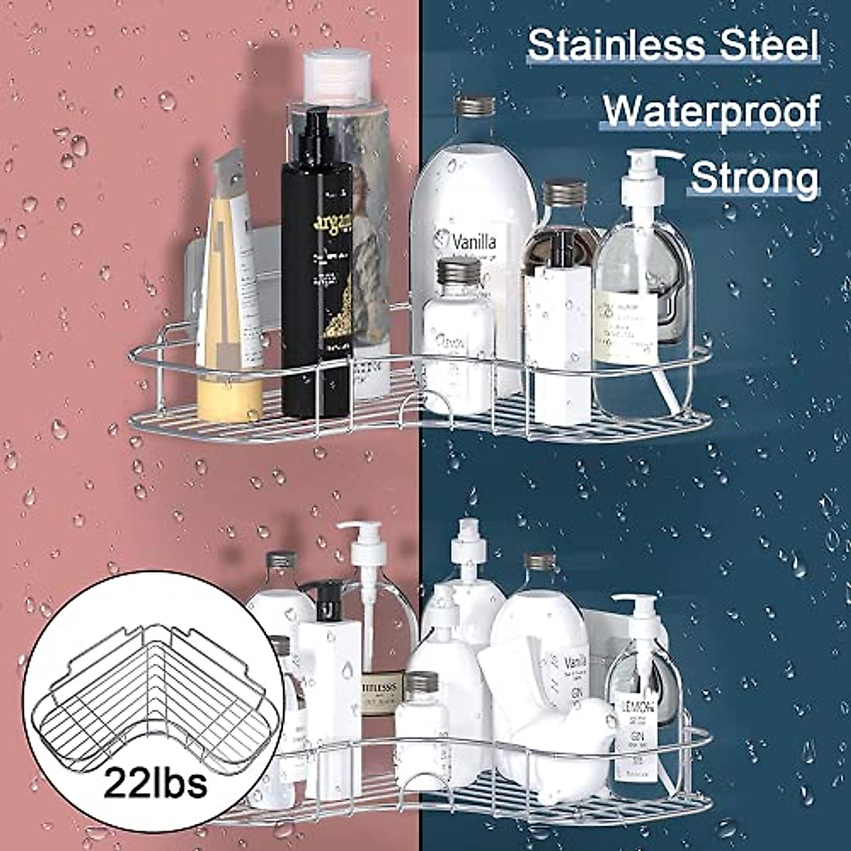 2 Pack Bathroom Hanging Shelf ,No Drilling Shower Caddy Basket Corner Shelf Stand Storage Organizer for Bathroom Kitchen Toilet,Shower Corner Caddy with 4 Traceless Adhesive Hooks