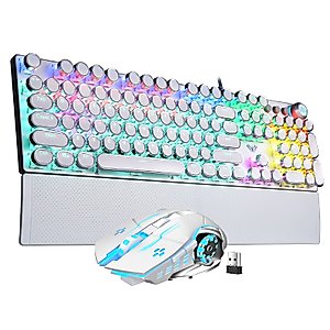 AULA White Gaming Keyboard and Mouse Combo (F2088 Typewriter Style Mechanical Keyboard Wired + SC100 Wireless Gaming Mouse), LED Rainbow Backlit Keyboard Mouse Set