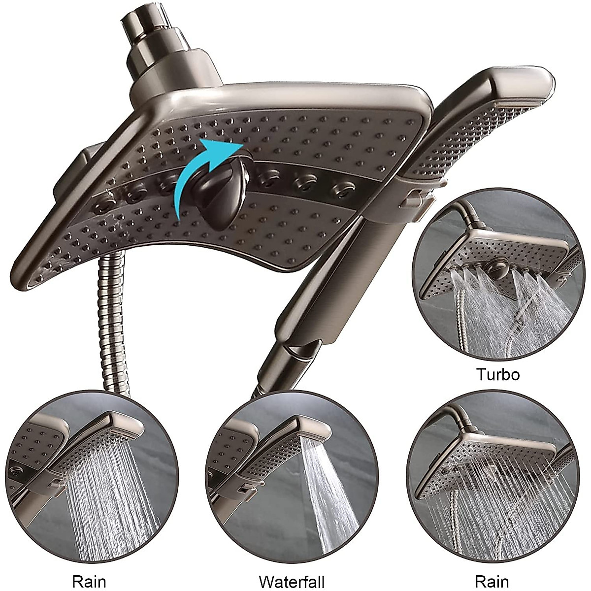 BRIGHT SHOWERS 10 Inch Shower Arm Extender with Shower Head Combo with Two Spray Setting Fixed Shower Head and Two Spray Settings Handheld Shower Head with Grey Face, Brushed Nickel