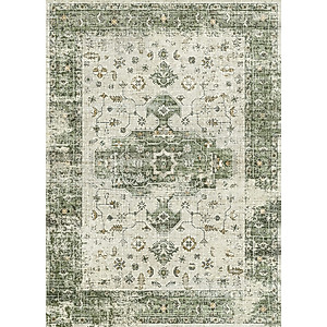 Valenrug Washable Rug 8x10 - Ultra-Thin Antique Collection Area Rug, Stain Resistant Rugs for Living Room Bedroom, Distressed Vintage Rug(TPR35-Green, 8'x10')