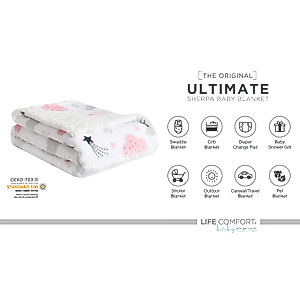 Life Comfort Ultimate Sherpa Baby Blanket, Fluffy Pink and Grey Cloud and Moon Premium Blanket for Baby Girl, Soft Warm Cozy Toddler, Infant or Newborn Blanket for Crib, Stroller, Travel, Nursery