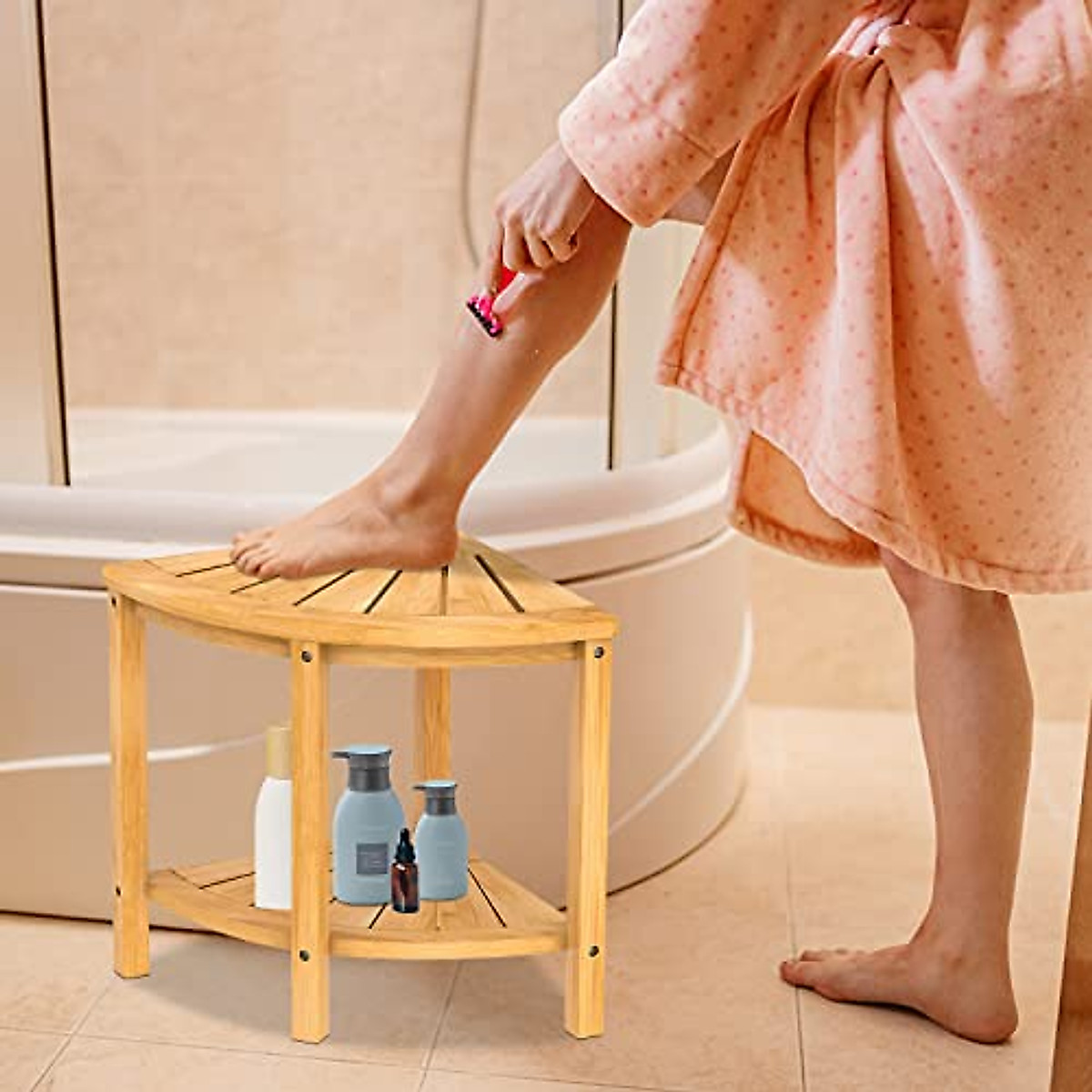 16" Bamboo Corner Shower Bench with Shelf, Corner Shower Stool for Shaving Legs, Shower Foot Rest Stool, Waterproof Wood Storage & Seat for Bathroom, Shower, Spa, Sauna, Shower Stool for Inside Shower