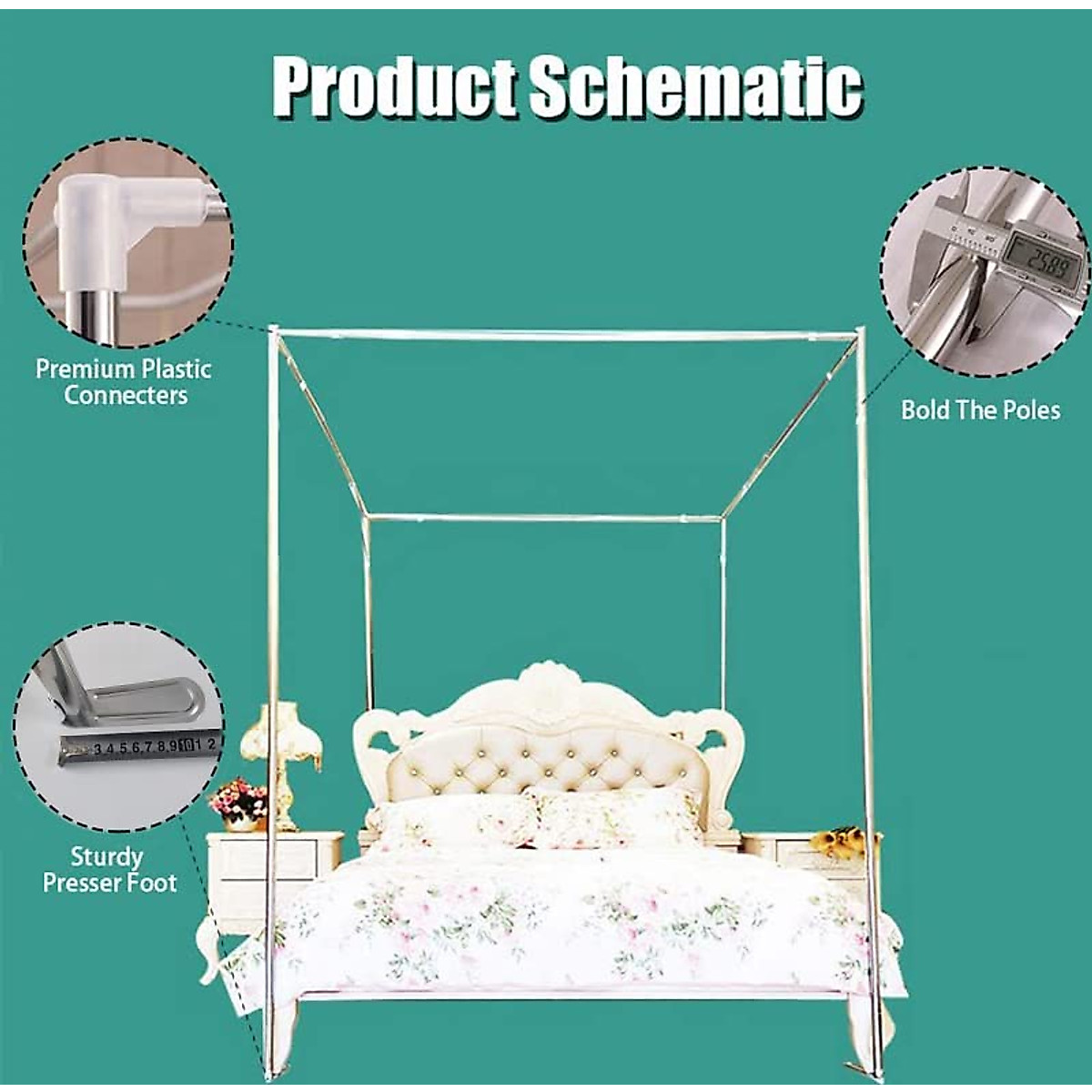 Mengersi Canopy Bed Frame Bed Post Stainless Steel Metal Bed Wooden Bed Bracket Poles (California King, Silver)
