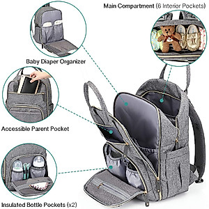 iniuniu Diaper Bag Backpack, Large Unisex Baby Bags Multifunction Travel Backpack for Mom and Dad with Changing Pad and Stroller Straps, Gray