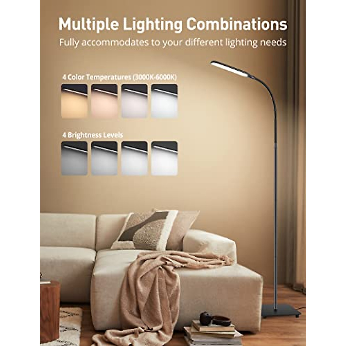 sympa LED Floor Lamp, Super Bright Dimmable LED Lamps for Living Room, Standing Lamp with Adjustable Gooseneck, Touch Control, Stable Base Floor Lamps for Bedroom Office (Black)