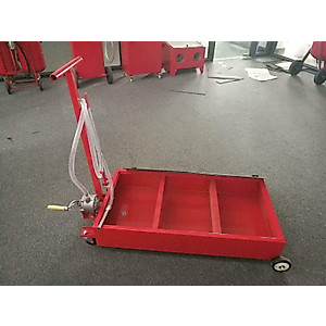 Manoch 20 Gallon Oil Drain Pan Low Profile Dolly with Pump 8 feet Hose and Wheel Material: Iron Overall Dimensions: (51.57 x 25.2 x 31.5)" / (131 x 64 x 80) cm (L x W x H) Casters: 4-inch (10 cm)