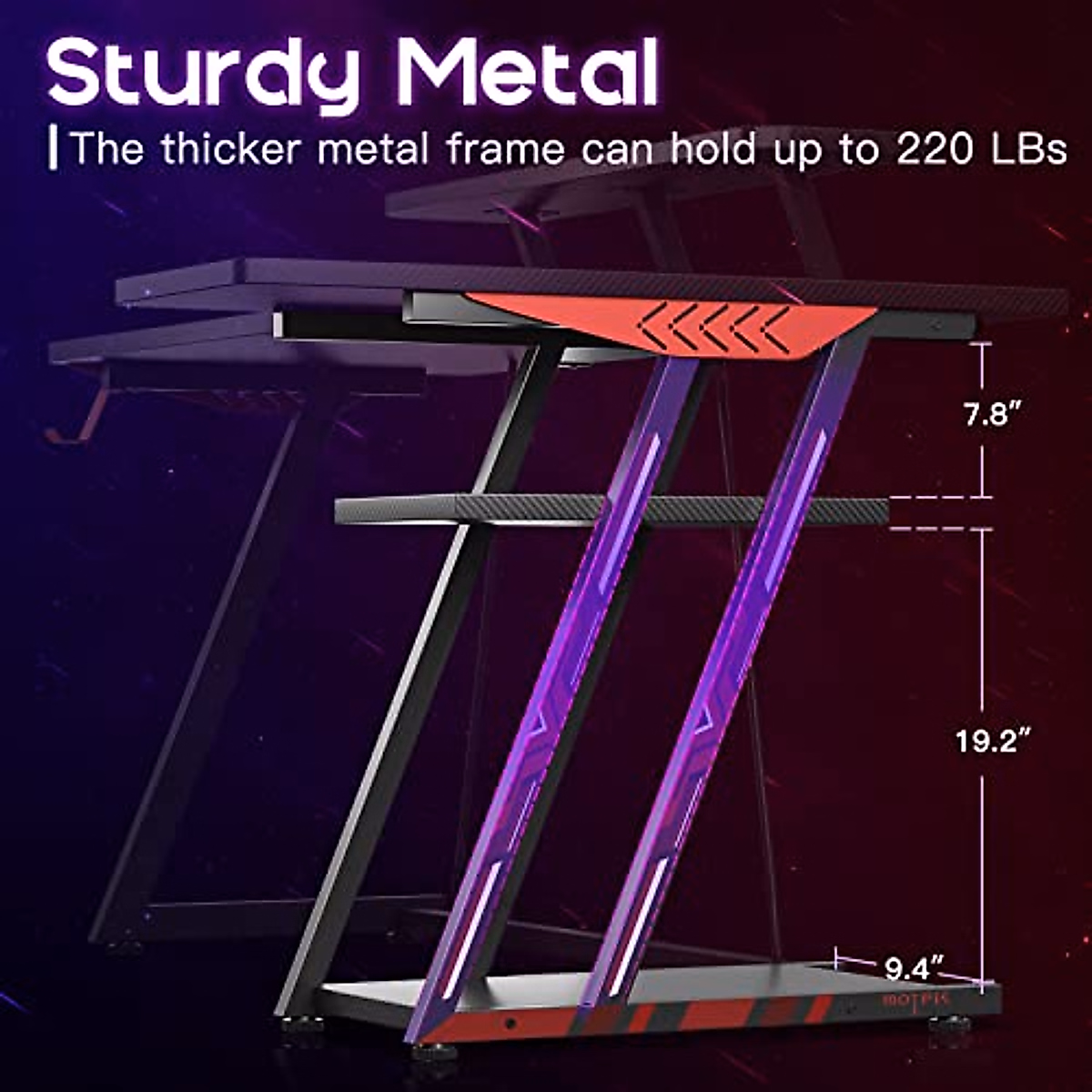 MOTPK L Shaped Gaming Desk with LED Lights, Corner Gaming Computer Desk 47inch with Power Outlets, Gaming Table with PC Storage Shelf, Gamer Desk with Monitor Shelf, Carbon Fiber Texture, Black