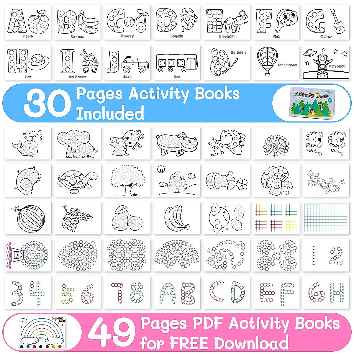 Ohuhu Washable Dot Markers for Toddler 12 Colors Bingo Daubers 40 ml (1.41 oz) with 30 Pages Kids Activity Book for Kids Children (3 Ages +) Preschool Non-Toxic Water-Based Dot Art Markers