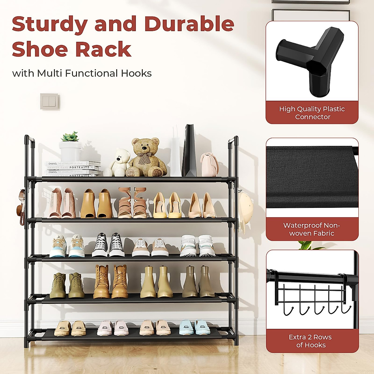 VTRIN 5 Tier Shoe Rack for Closet Shoe Organizer Storage 20-25 Pair Shoe and Boot Long Shoe Shelf with Hook Space Saver Free Standing Shoe Rack Organizer for Front Door Entryway, Small Spaces