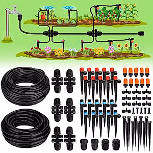 Landtouch Drip Irrigation System, Garden Watering System with Adjustable Drip Emitters Misting Sprinkler, Efficient Sprinkler System Kit for Flower Bed, Raised Bed, Greenhouse, Lawn