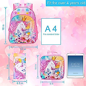 CCJPX 3PCS Unicorn Backpack for Girls, 16”Kids Preschool Sequin Bookbag and Lunch Box for Kindergarten Elementary