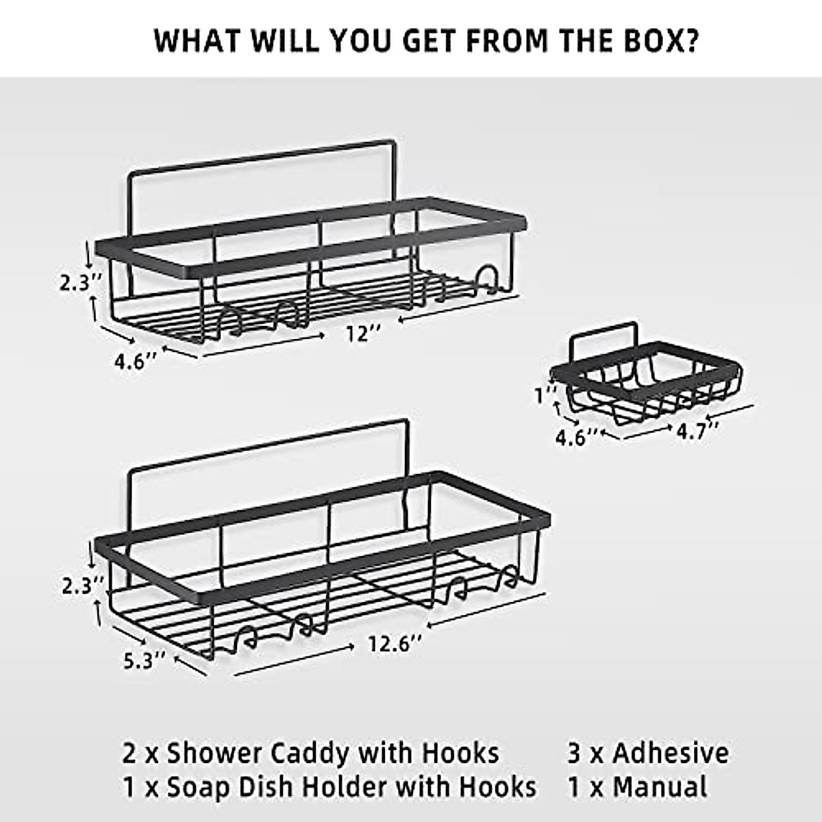 Top Taste 3-Pack Shower Caddy Shelf Organizer Rack with Soap Dish Holder,No Drilling Traceless Adhesive Black Shower Wall Shelves with Hooks, Wall Mount Shower Storage Organization Accessories