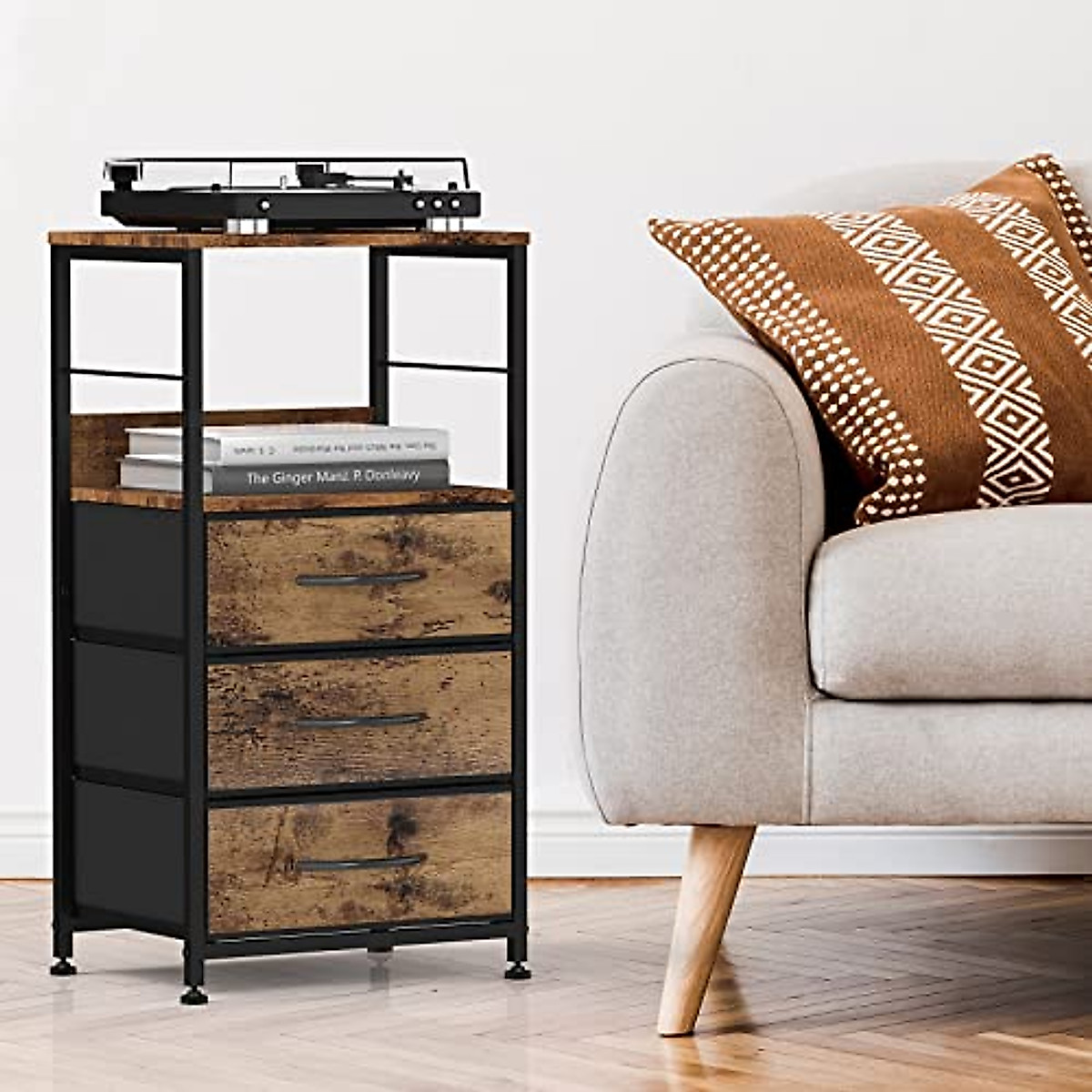Nightstand Set of 2 Modern Bedside End Tables, Set of 2 End Tables with Drawers Night Stand Side Table with 3 Fabric Drawers Retro Bedside Tables for Livingroom Bedroom Office, Brown and Black