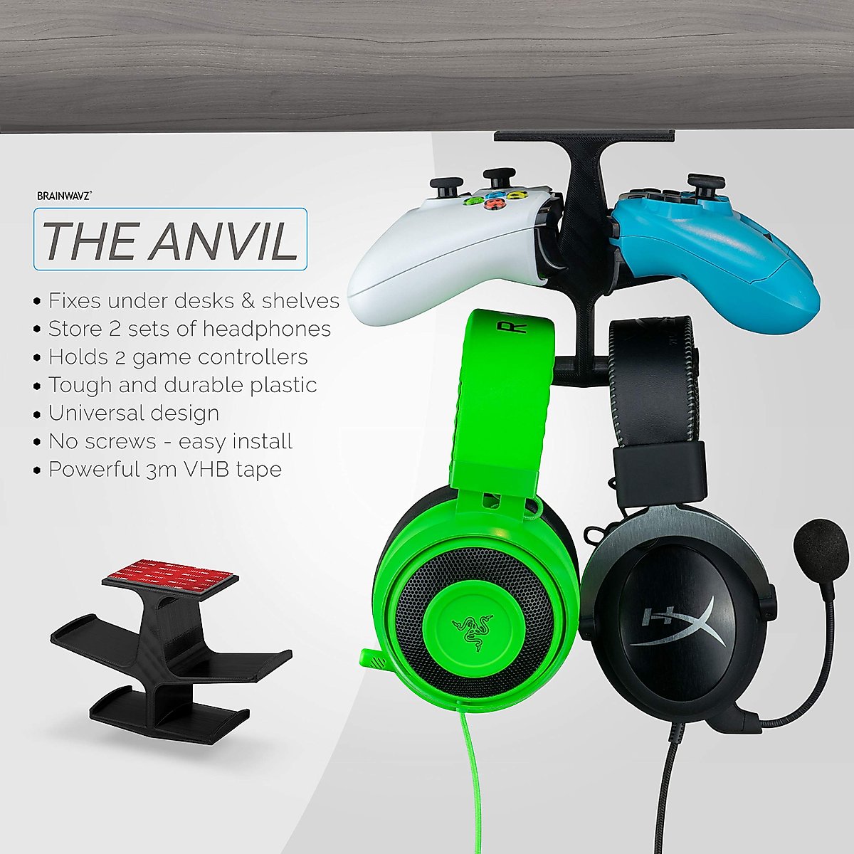 BRAINWAVZ [EOL] The Anvil - Under Desk/Shelf Dual Gamepad Controller & Dual Headphone Hanger Holder Stand - Designed for Xbox ONE PS4 PS3 PS5 Dualshock DualSense HyperX PC Steelseries Razer [EOL]