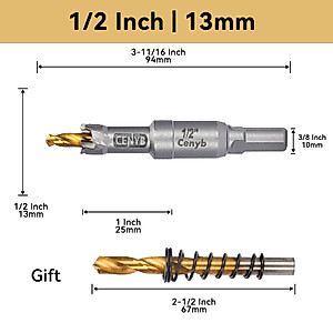 CENYB 1/2" (13mm) Tungsten Carbide Tipped Hole Saw with 2Pcs Titanium-Plated Pilot Drill Bits for Metal, Steel, Iron, Wood, Plastic