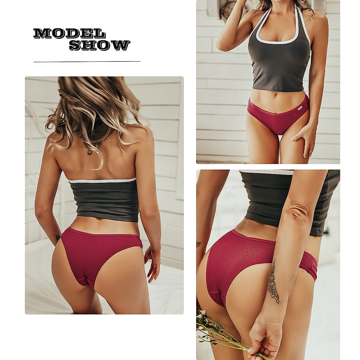 FINETOO Womens Cotton Underwear Sexy Stretch Bikini Panties Low Rise Hipster Ladies Soft V-Waist Cheeky(L)