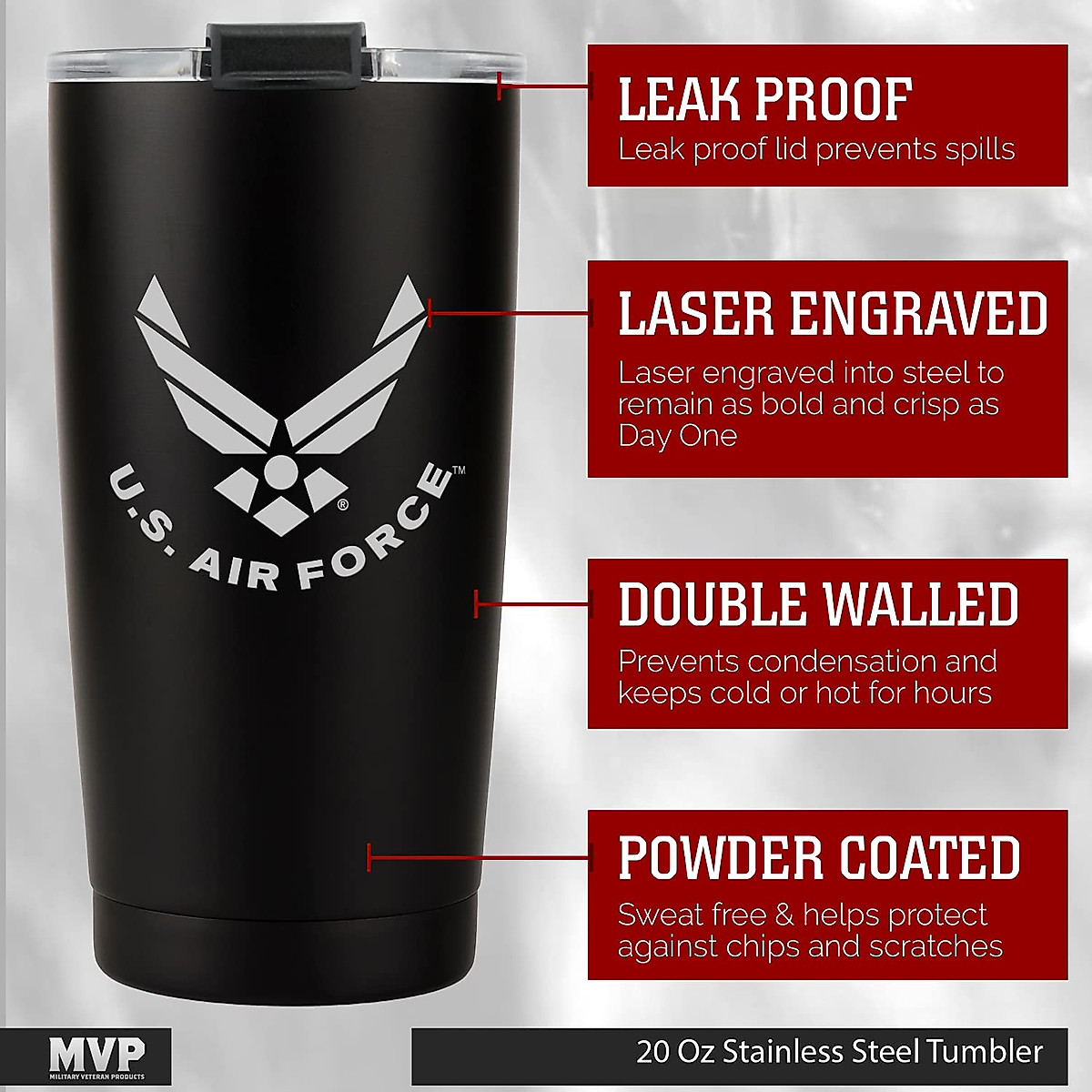 20oz Air Force Tumbler, Double-Walled Insulated Steel USAF Coffee Mug with Lid | Air Force Gifts | USAF 20oz Tumbler