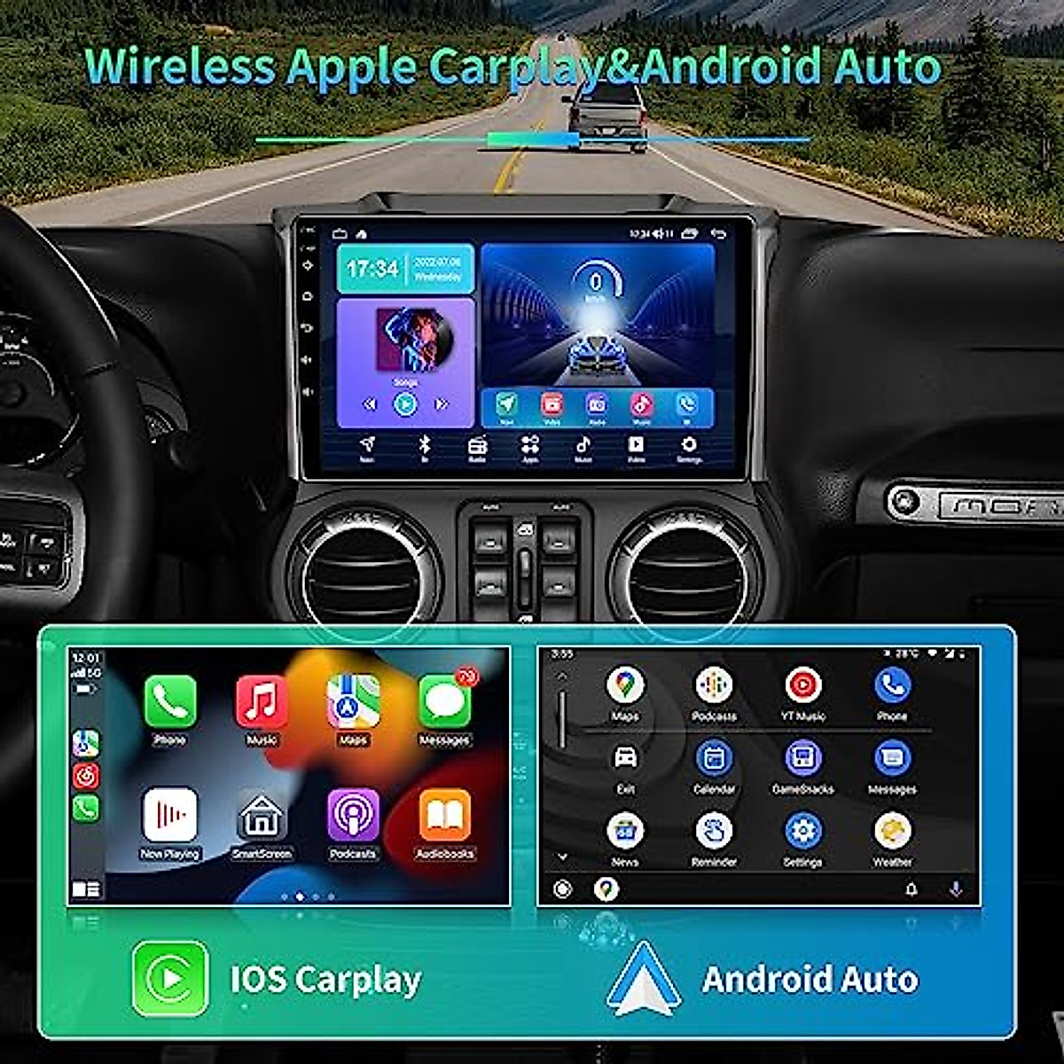 Car Radio Stereo for Jeep Wrangler JK Compass Dodge Ram with Wireless Carplay Andriod Auto