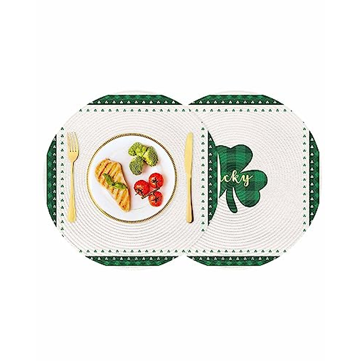 15" Round Braided Placemats Set of 2 St. Patrick Clover Shamrocks Classic Stylish Woven Place Mats Table Mats Set-Thick Heat Resistant Kitchen Trivet Hot Pads Pot Holder for Dining Tables