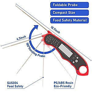 Lonicera Digital Meat Thermometer with Foldable Probe, Backlight & Calibration. Waterproof & Instant Read for Kitchen Food Cooking Baking Candy Liquid (Red)
