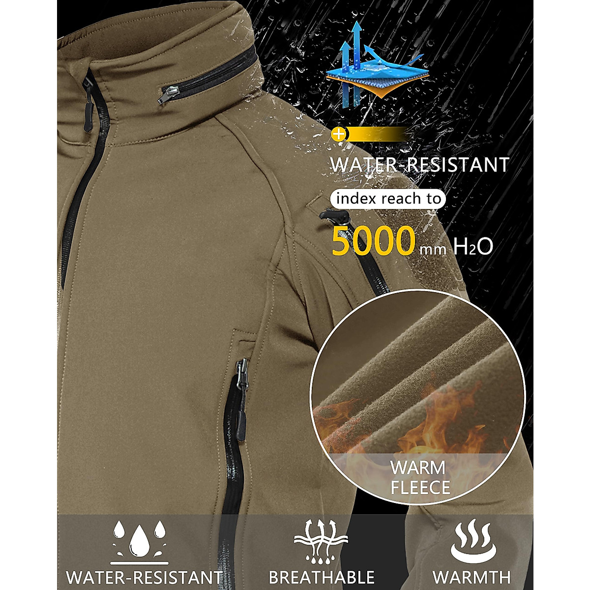 TACVASEN Men's Waterprooft Ski Snow Jacket Hiking Military Hunting Outdoor Jacket Khaki, M