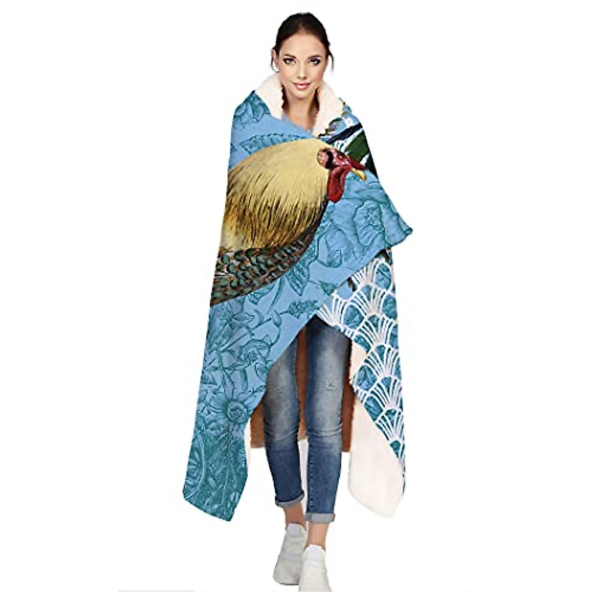 ArneCase Wearable Blankets Reversible Warm Cozy Throw Blankets A Rooster on Retro Blue Pattern Lightweight Sherpa Plush Fluffy Blankets with Hooded 59x79In