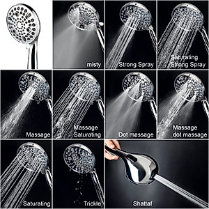 High Pressure Handheld Shower Head, 10-Setting Showerhead, 4.7”Detachable Showerhead Set with 5ft Hose, Adjustable Bracket and Built-in Power Wash to Clean Tub, Tile & Pets - Polished Chrome