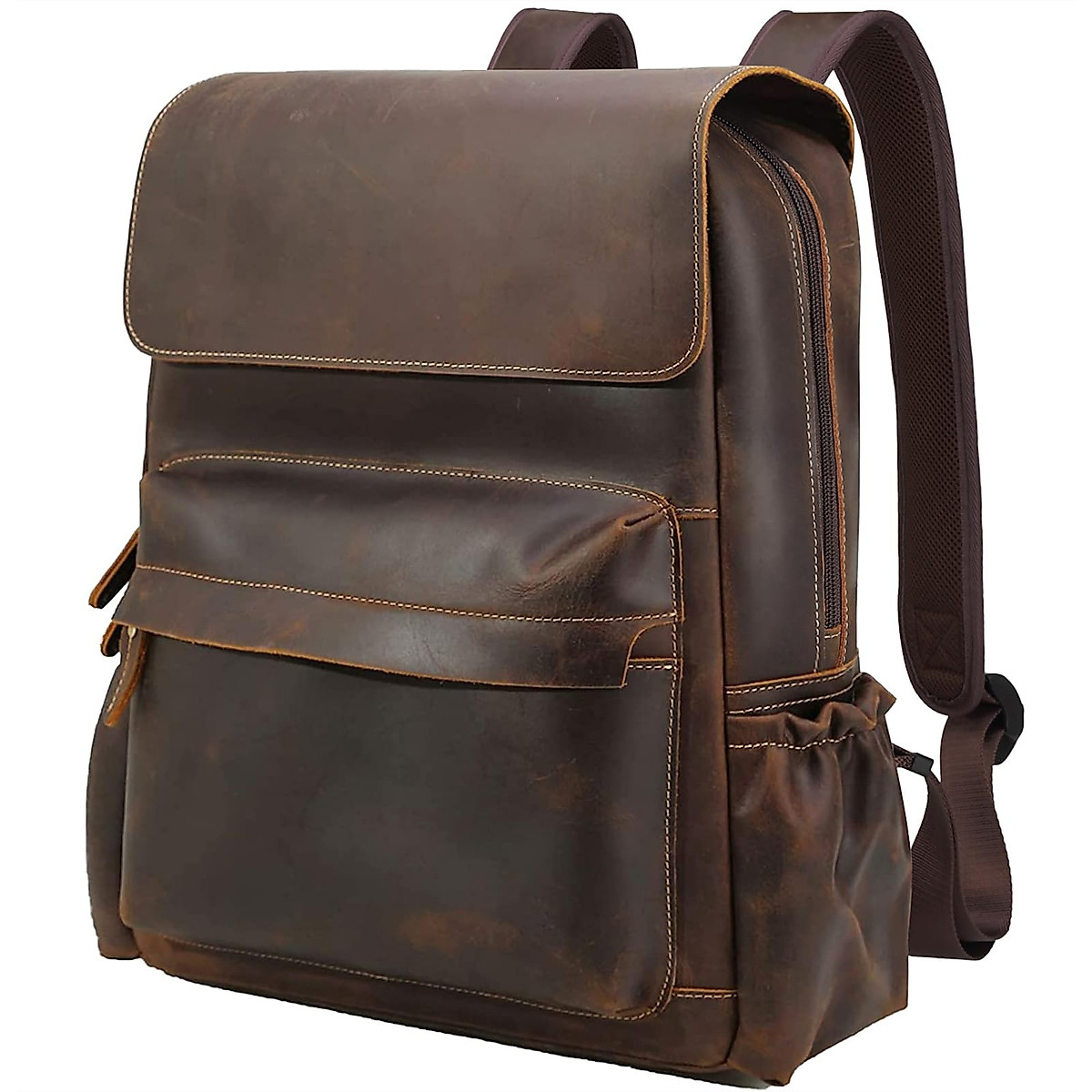 Vintage Full Grain Leather 15.6 Inch Laptop Backpack for Men Casual Travel Work Bag Bookbag Daypack with YKK Zipper Brown, Large