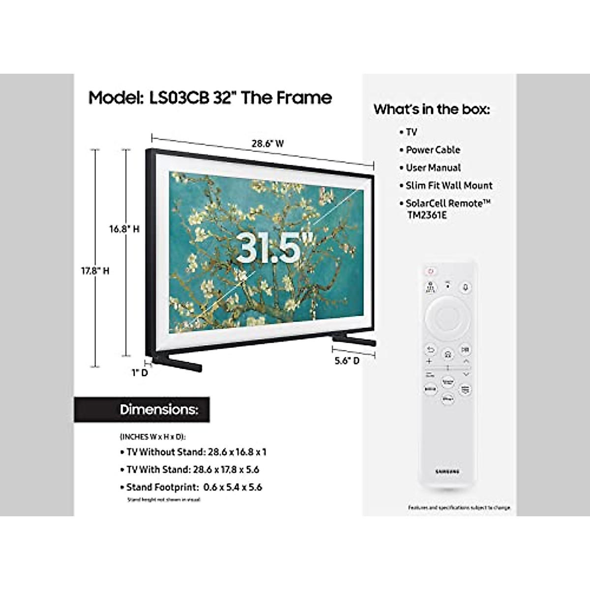 SAMSUNG 32-Inch Class QLED The Frame LS03C Series, Quantum HDR, Art Mode, Anti-Reflection Matte Display, Slim Fit Wall Mount Included, Smart TV w/Alexa Built-in (QN32LS03CB, Latest Model)