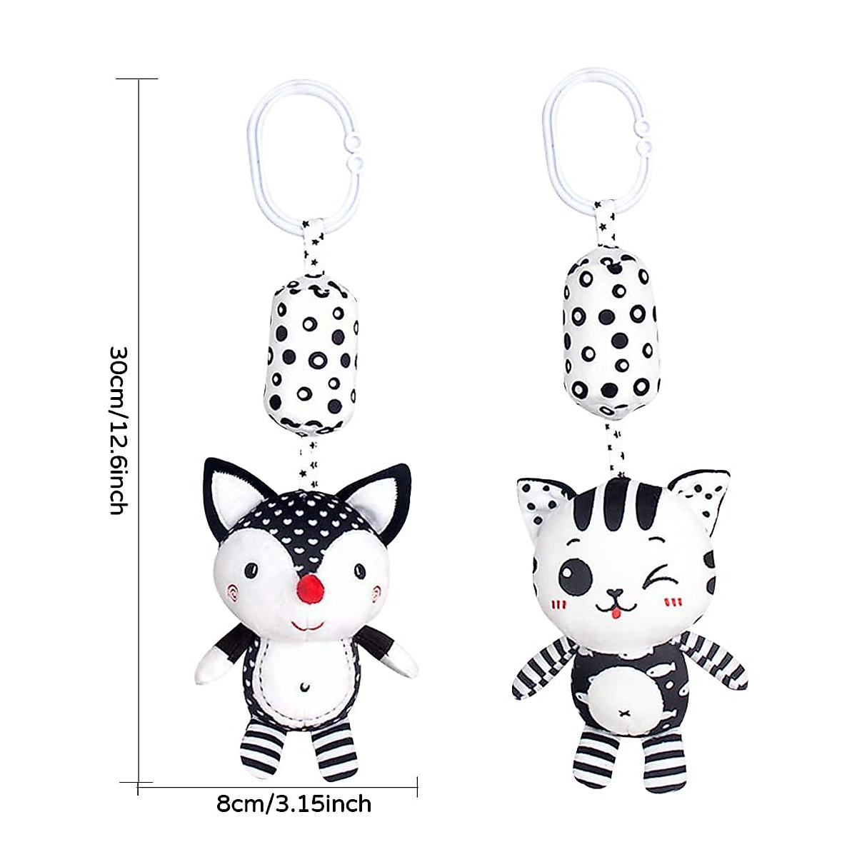Cute Hanging Stroller Car Seat Toys for Baby, C Clip Hanging Animal Soft Toys with Rattles BB Squeaker Distorting Mirror for Boys Girls 0-36 Months (Black-White)