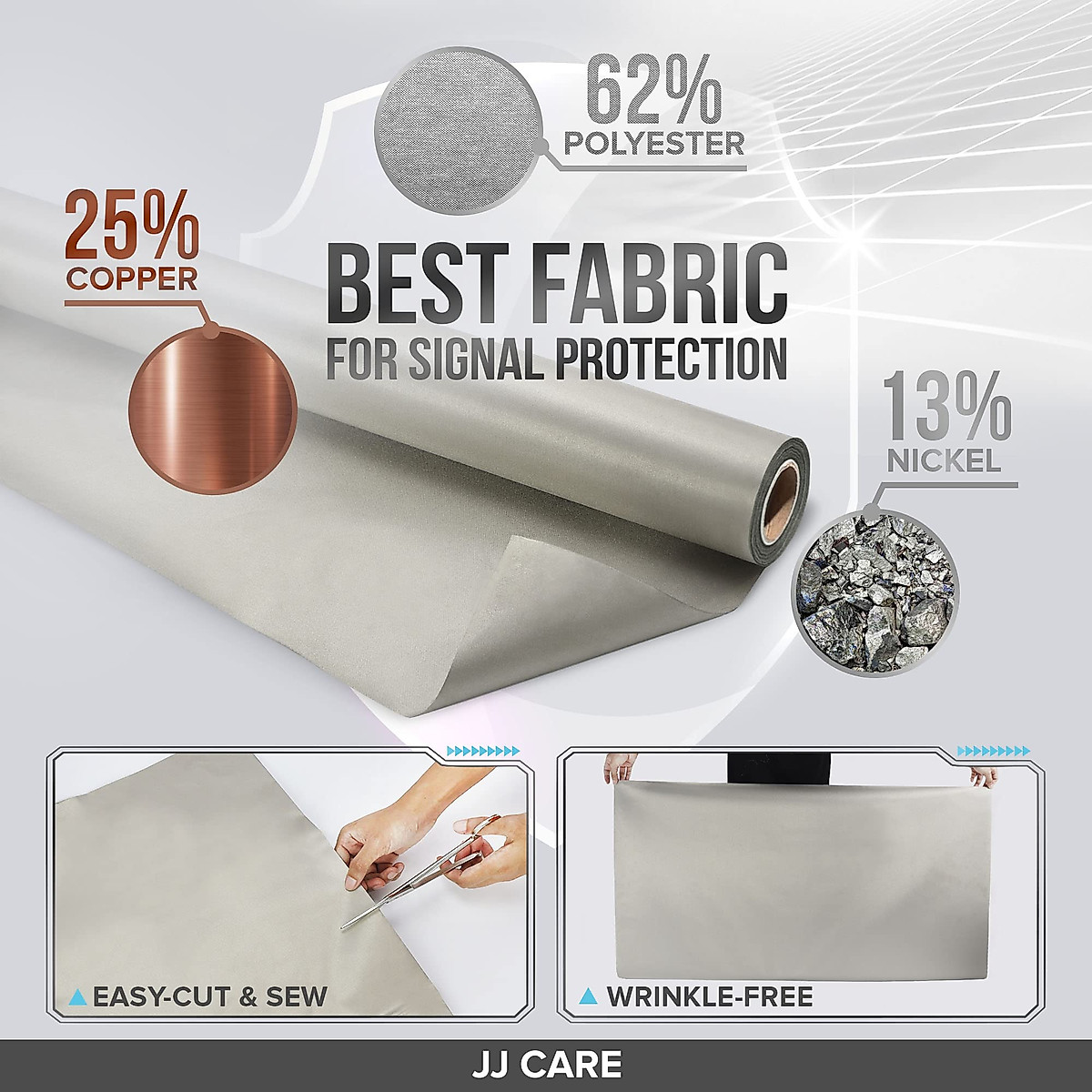 JJ CARE Faraday Fabric [Pack of 1, 44" x 39" Faraday Cloth + 1" x 24" Long Faraday Tape + Instructions] - Military Grade Shielding Fabric from Signals, Bluetooth, GPS, Signal Blocker, WiFi Jammer