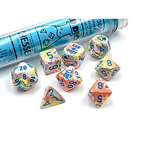 Kaleidoscope Festive Luminary Dice with Blue Numbers 7+1 Dice Set 16mm (5/8in) Limited Edition Lab Dice Chessex