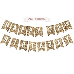Pre-Strung Happy 70th Birthday Banner - NO DIY - Gold Glitter 70th Birthday Party Banner For Men & Women - Pre-Strung Garland on 6 ft Strands - Gold Birthday Party Decorations & Decor. Did we mention