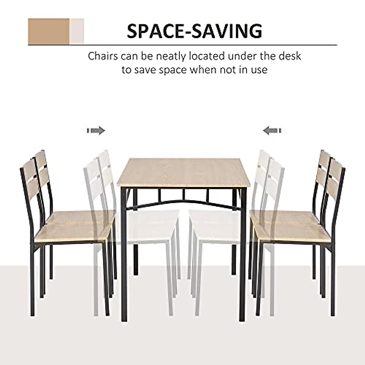 HOMCOM Rustic Industrial 5-Piece Dining Table Set Black Metal with 4 Chairs for Kitchen, or Dining Room, Oak