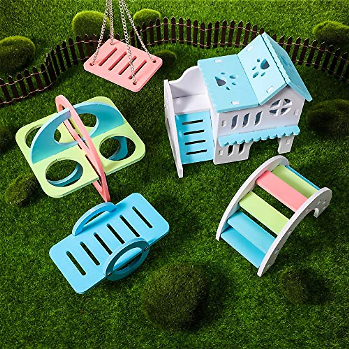 5 Pieces Hamster Toys Include Wooden Hamster House Guinea Pig Hideout Rainbow Bridge Hamster Seesaw Hamster Swing Hamster Exercise Circle Toy Suitable for Small Animals (Blue,6.3 x 3.93 x 5.5 Inch)