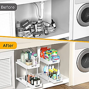 Under Sink Organizers and Storage 2 Pack, Pull-out Large Capacity Under Bathroom and Kitchen Cabinet Storage Drawer Organizer with Hooks, Multi-purpose Under Sink Shelf Organizer, White